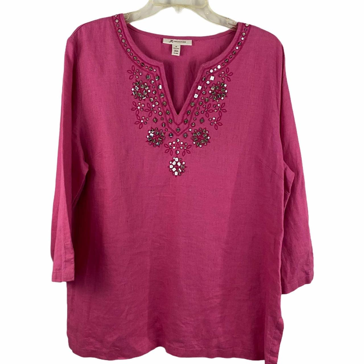 JM Collection Embroidered Embellished Pink Linen... - Depop