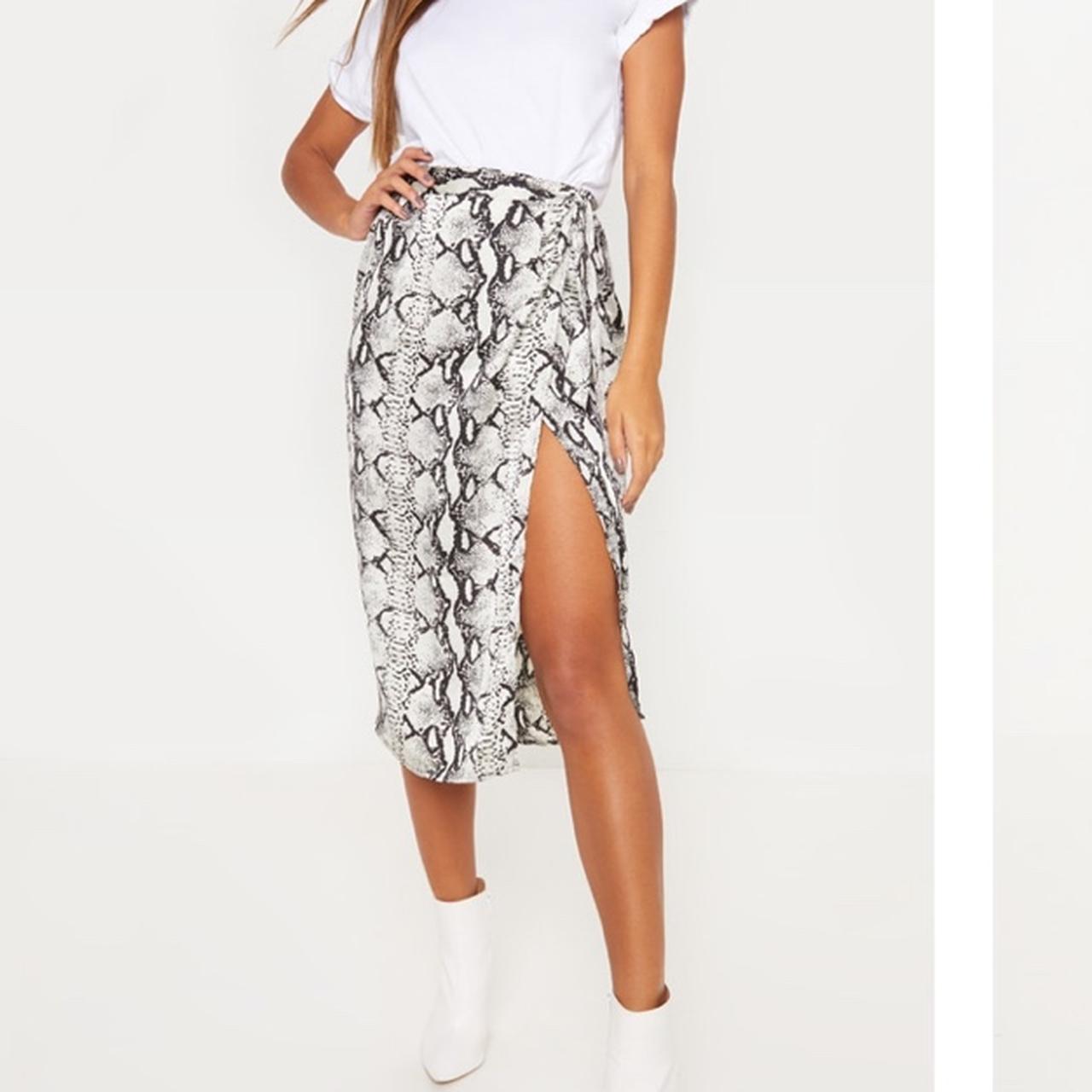 Snakeskin satin print wrap around midi skirt Size... - Depop