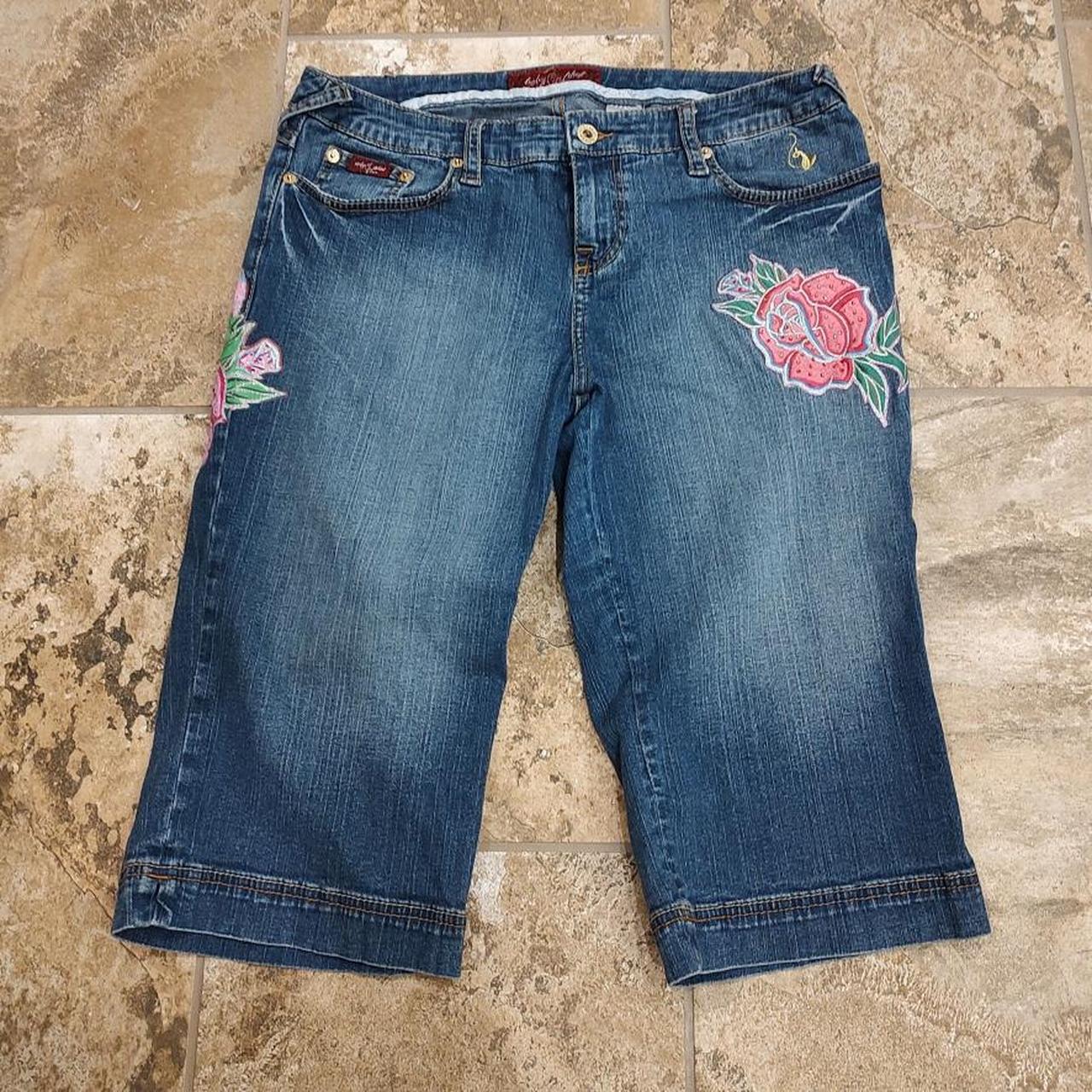Cute 2000s baby phat blue Capri pants with rose vine... - Depop