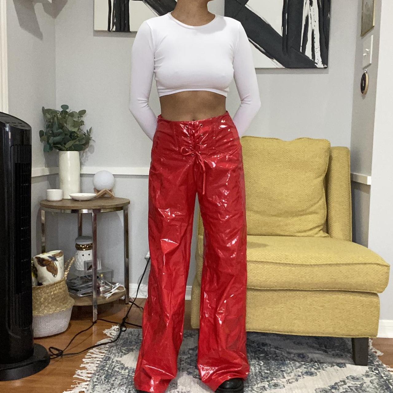 Shein Red Leather Pants lace up waist wide leg red... - Depop