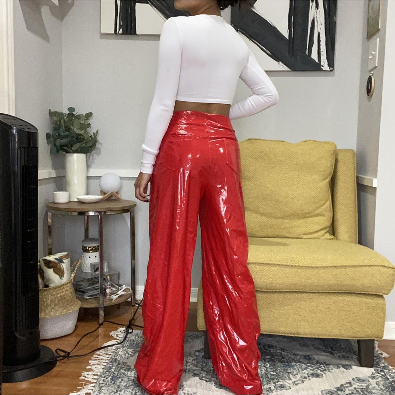 Shein Red Leather Pants lace up waist wide leg red... - Depop
