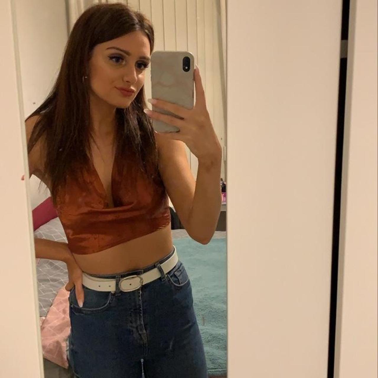 Brown halter tie back crop top Worn once Size XS... - Depop