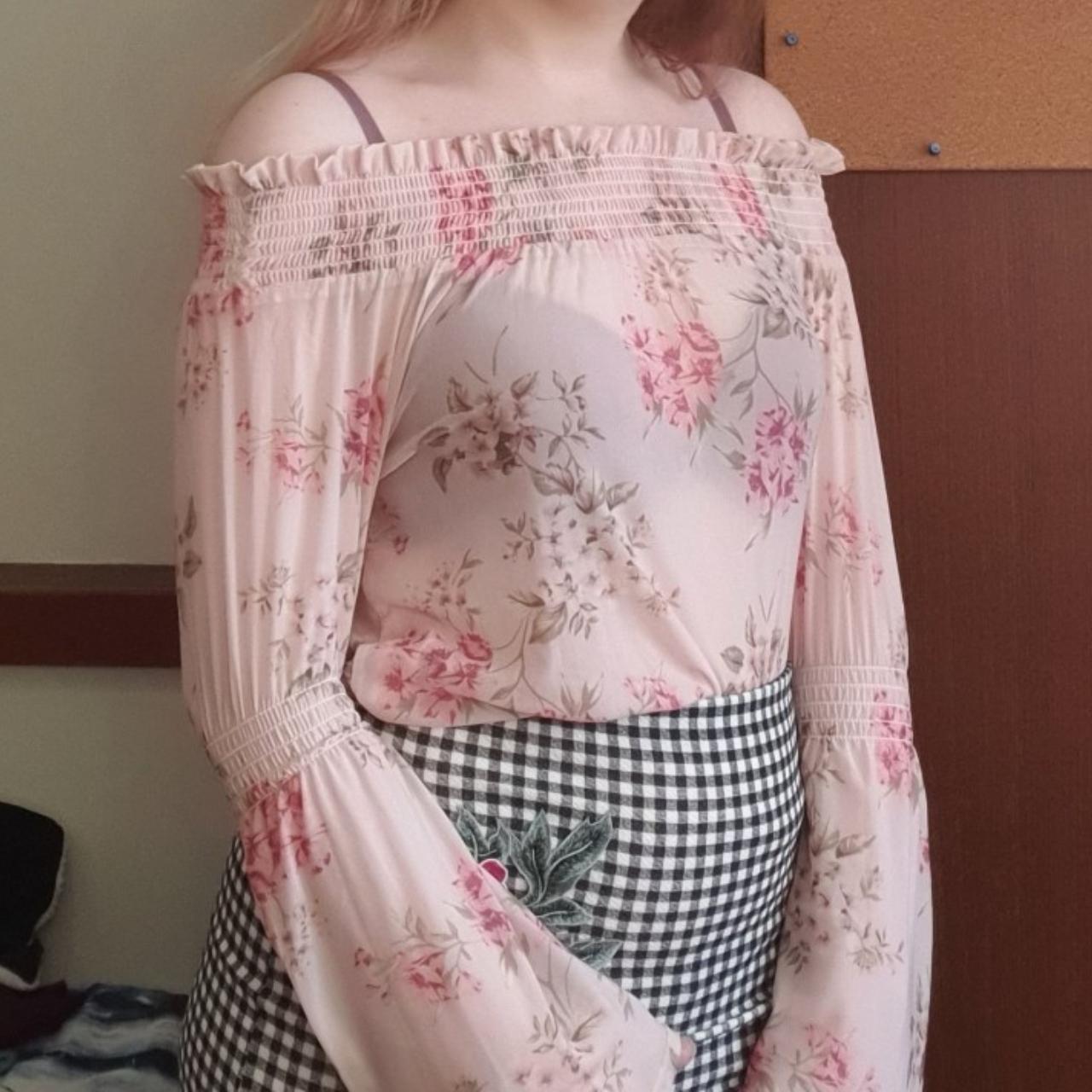 Elastic off-the-shoulder ink floral sheer floaty... - Depop