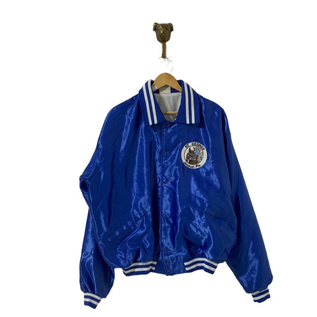 Satin royal blue coach jacket with embroidered crest... - Depop