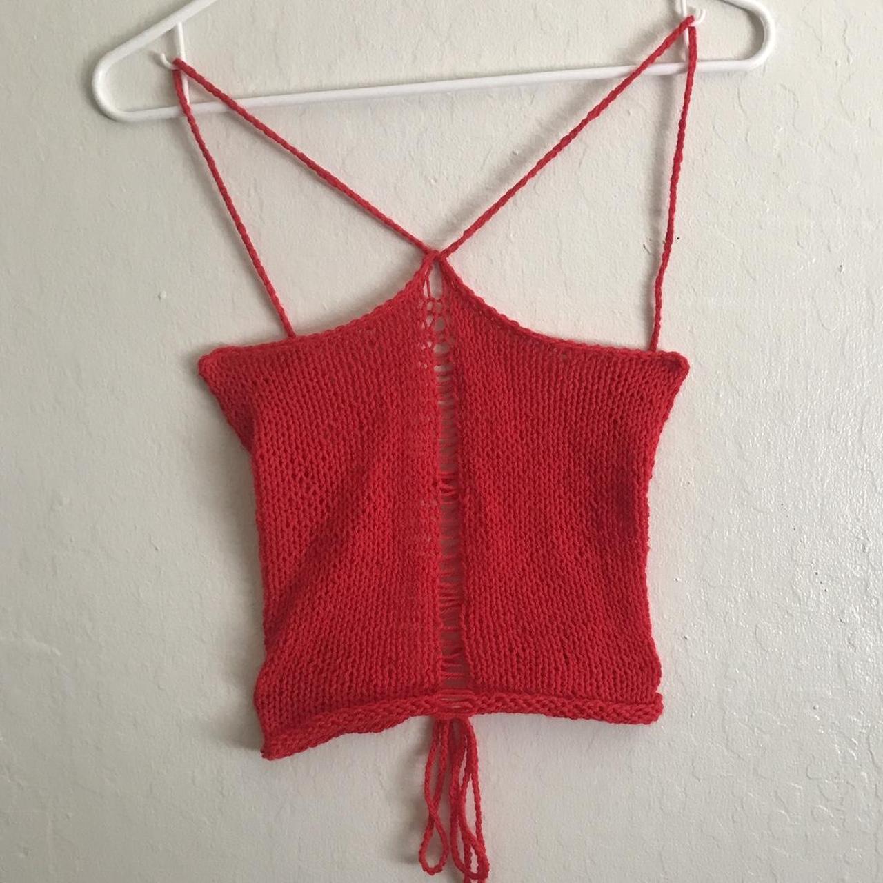 Hand-knit red halter top made by me made with ... - Depop
