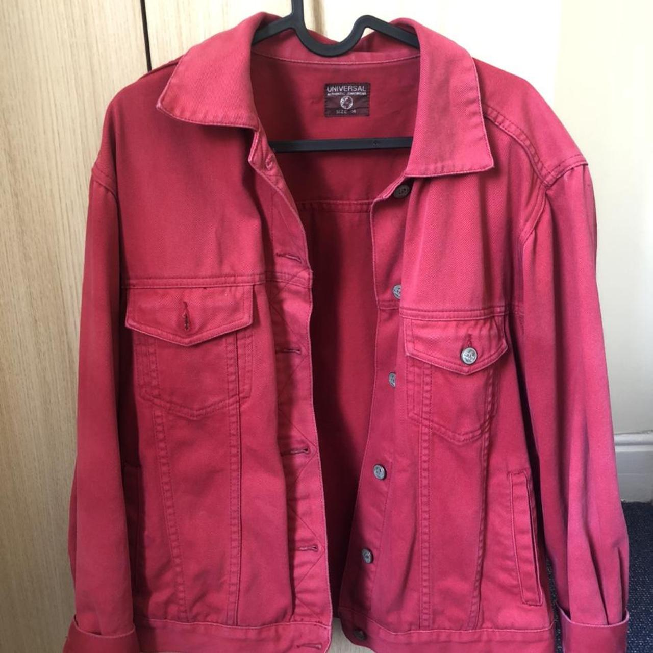 Red denim jacket Oversized fit Label says size 14,... - Depop