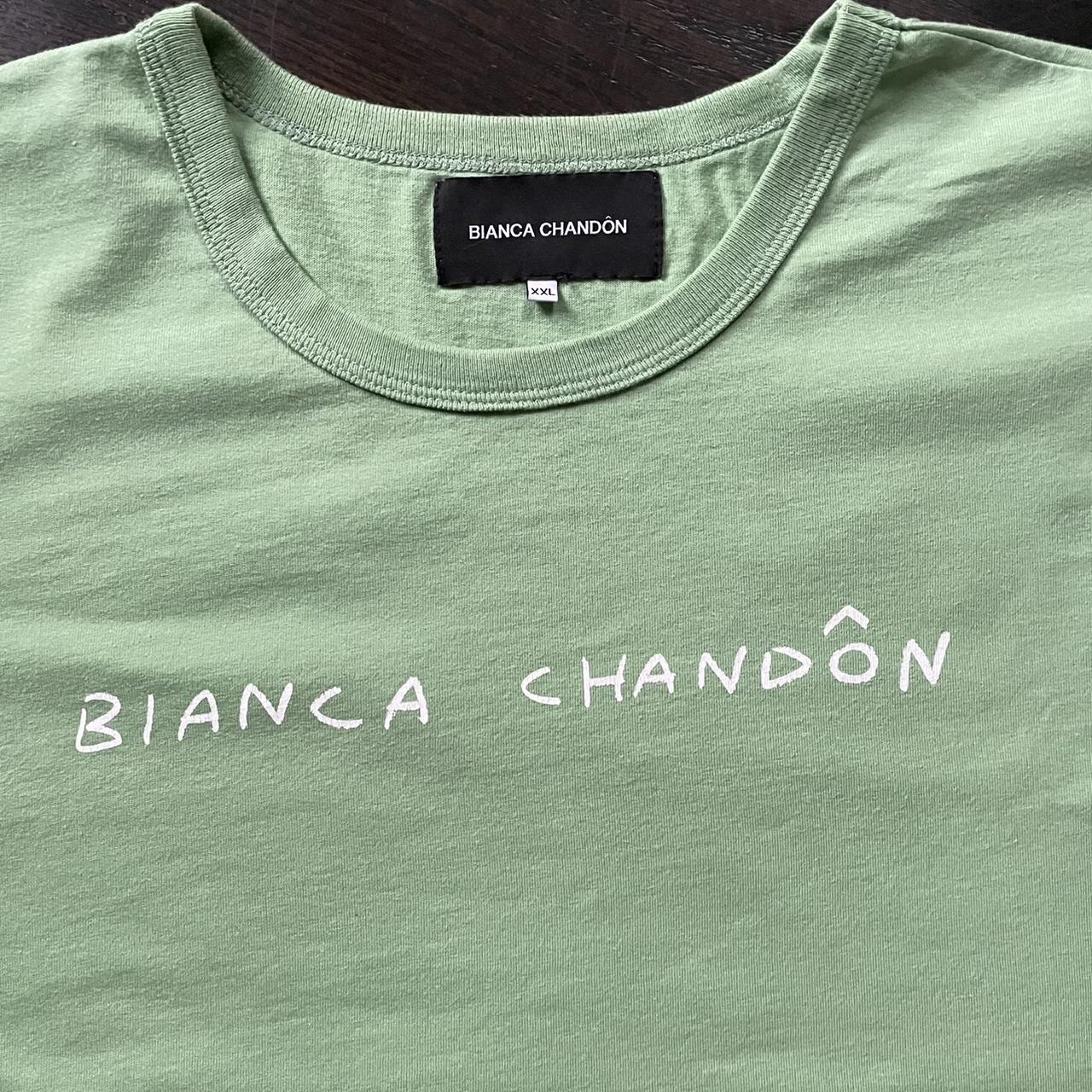bianca chandon logo type tee in minty green, size... - Depop