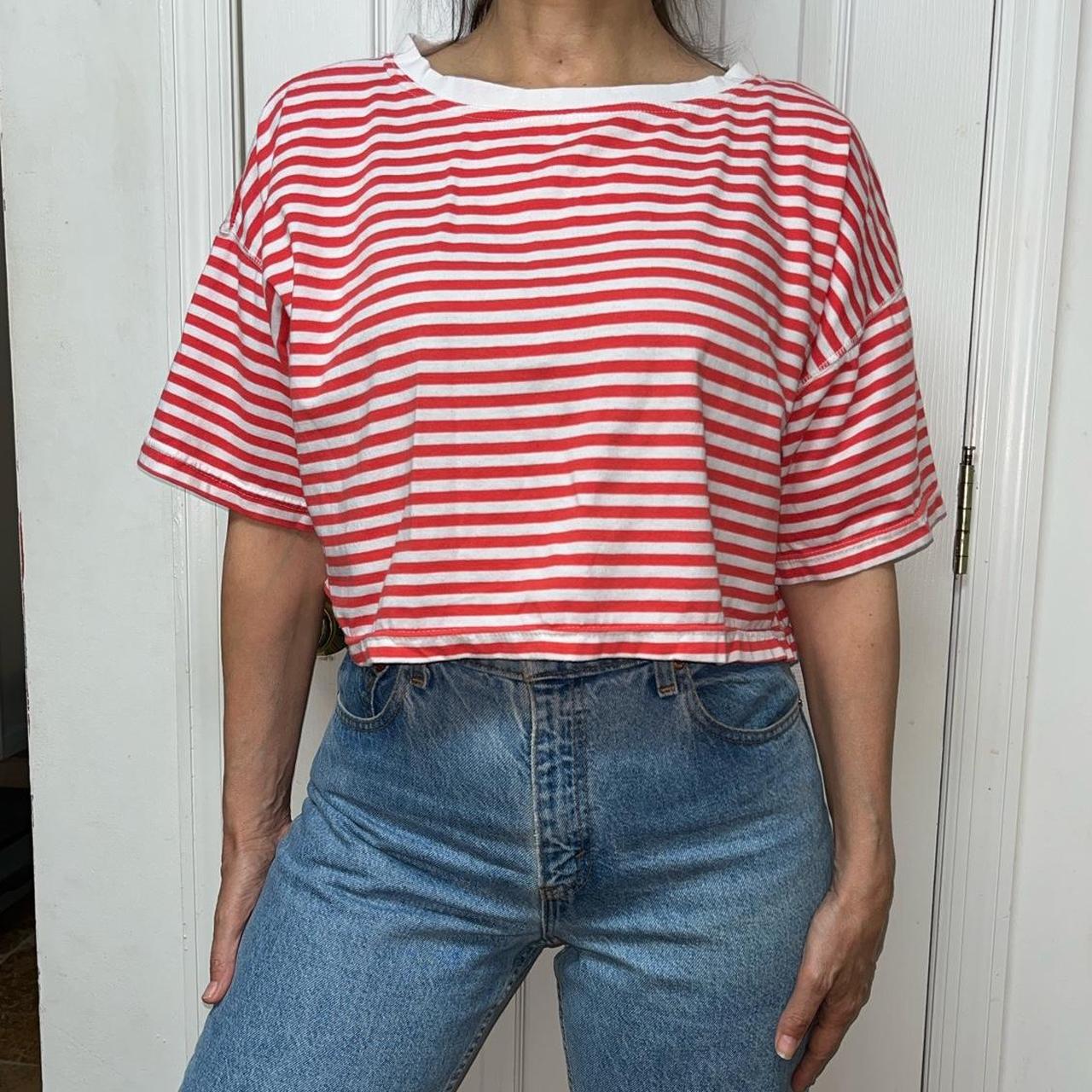 Vintage Oversized Boxy Soft Red/White Horizontal... - Depop