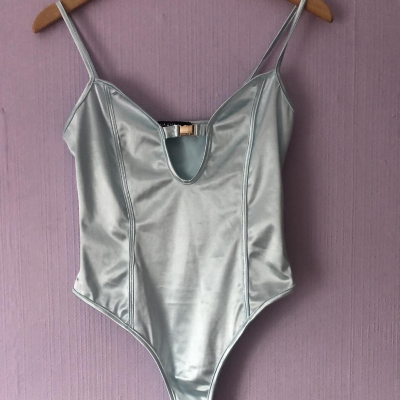Aqua blue satin body suit Only worn once So... - Depop
