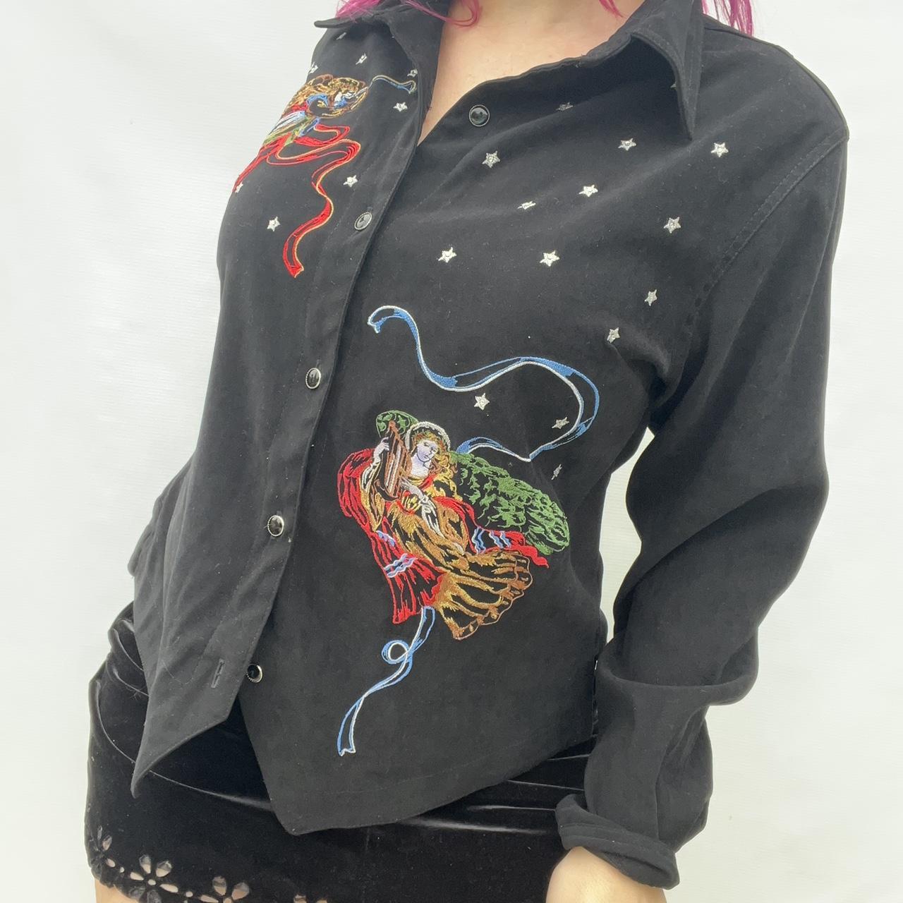 Beautiful vegan suede 90s button up with angel... - Depop