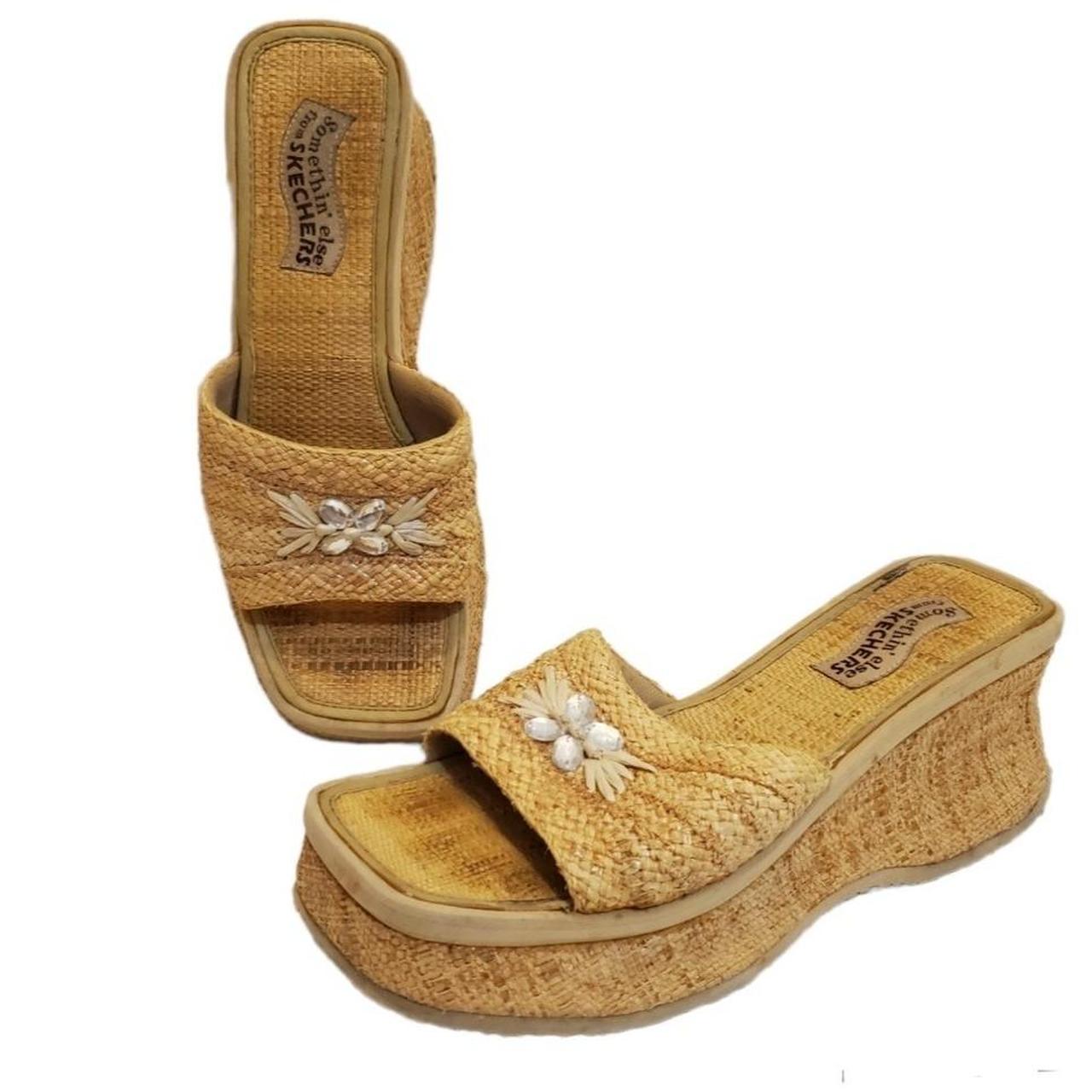 Thrifted Y2K inspired wicker-wedge platform slip-on... - Depop