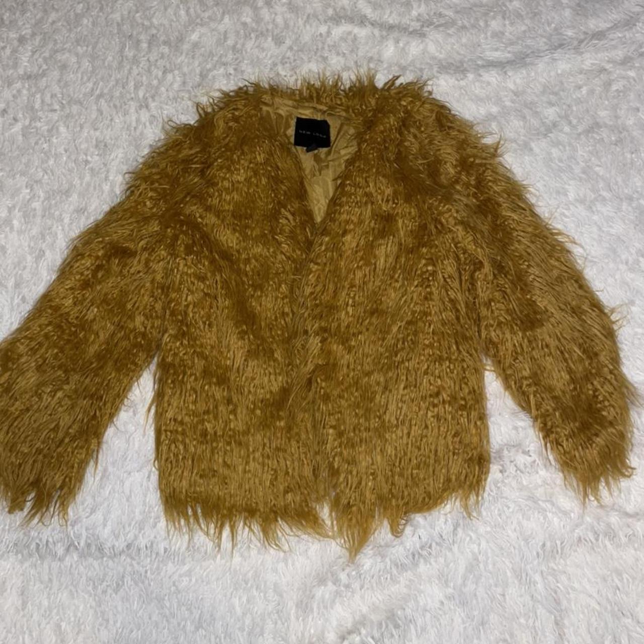 new look yellow/mustard shaggy fluffy jacket, size... - Depop