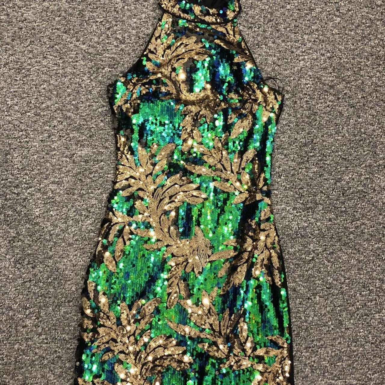 Quiz Olivia Buckland Green and Gold sequin mini... - Depop