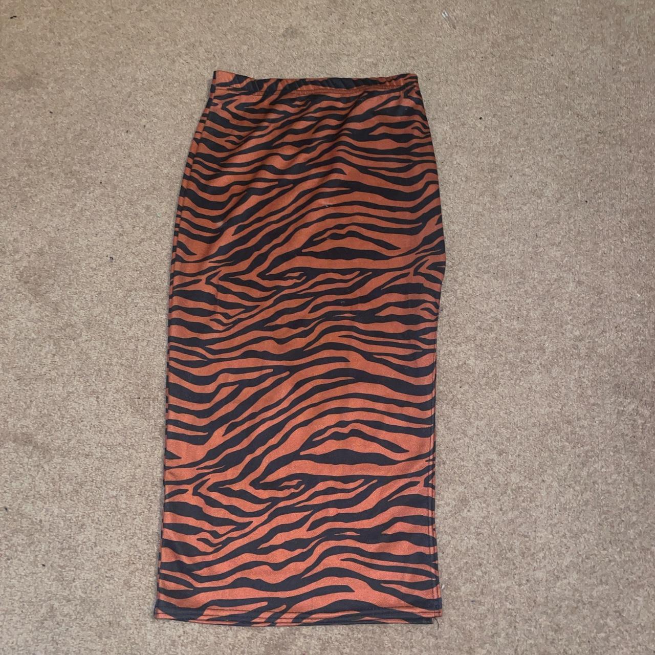 Rokoko tiger print midi skirt with slit up side... - Depop