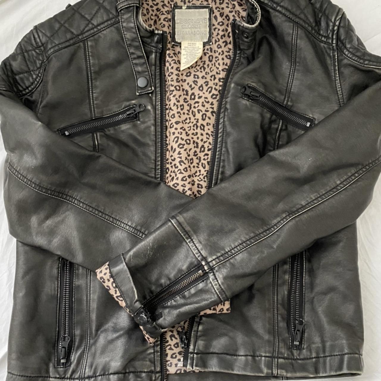 leather jacket w leopard interior signs of wear as... - Depop