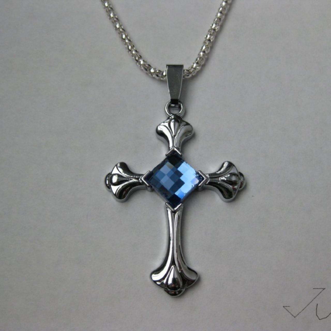 Blue crystal cross stainless steel necklace Color... - Depop