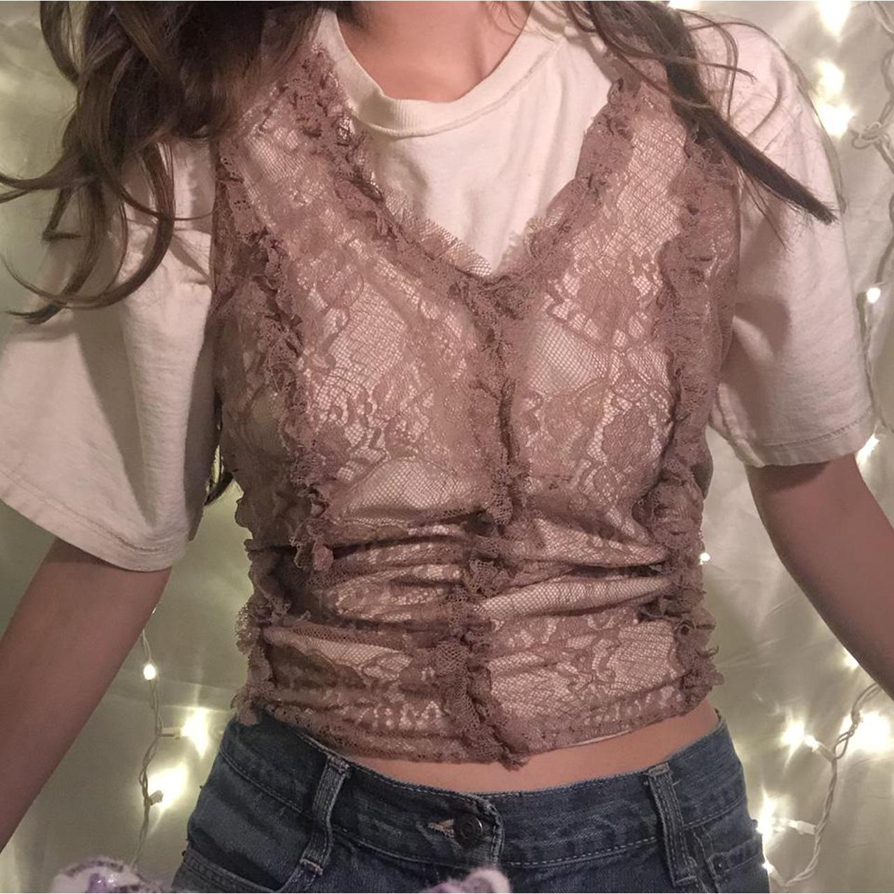 super super adorable brown lace frilly mesh top!... - Depop