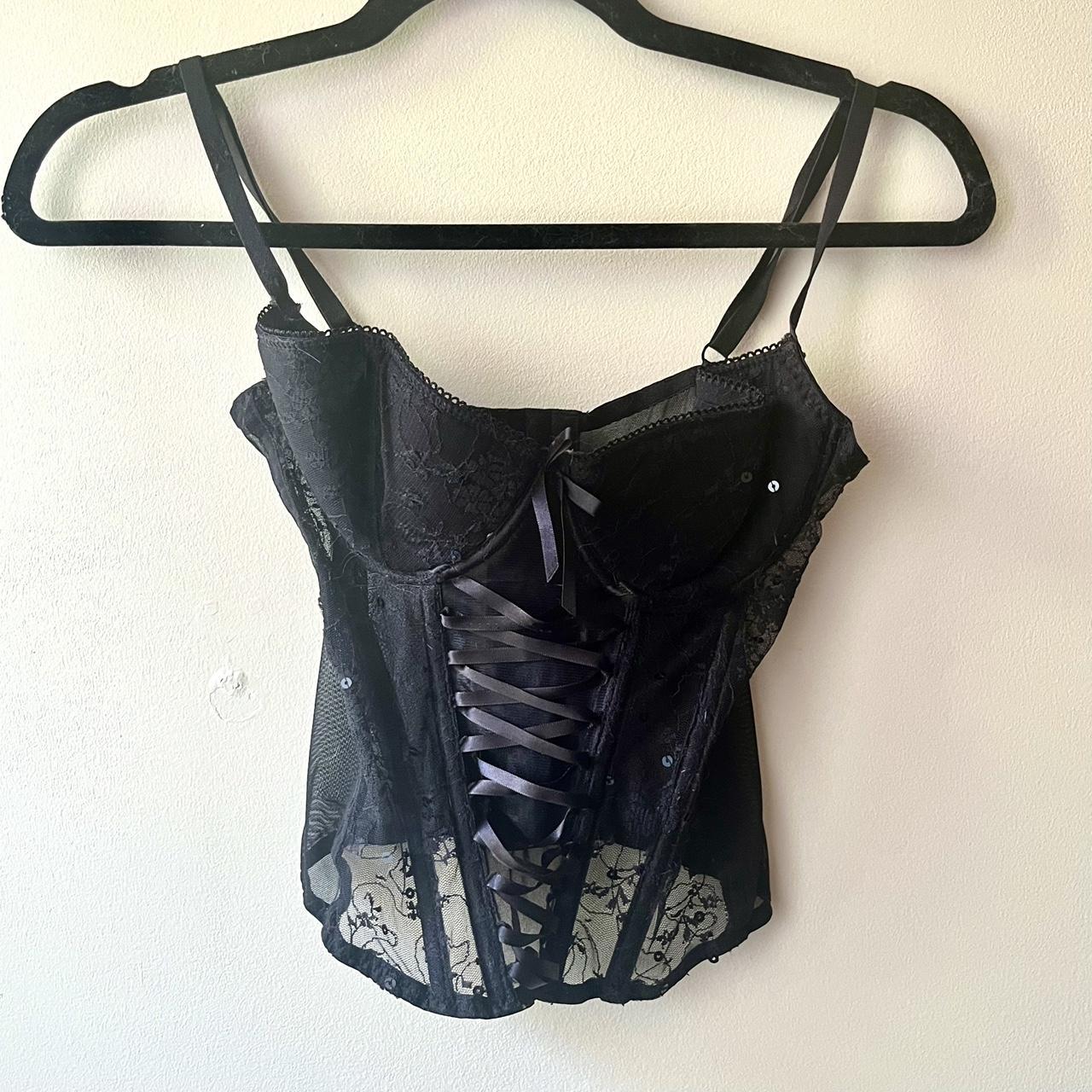 black lace corset top with adjustable straps and... - Depop
