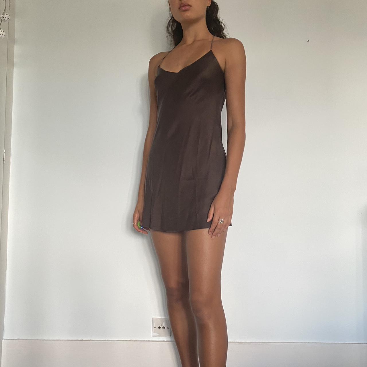 brown silk slip with crossover straps super cute by... - Depop