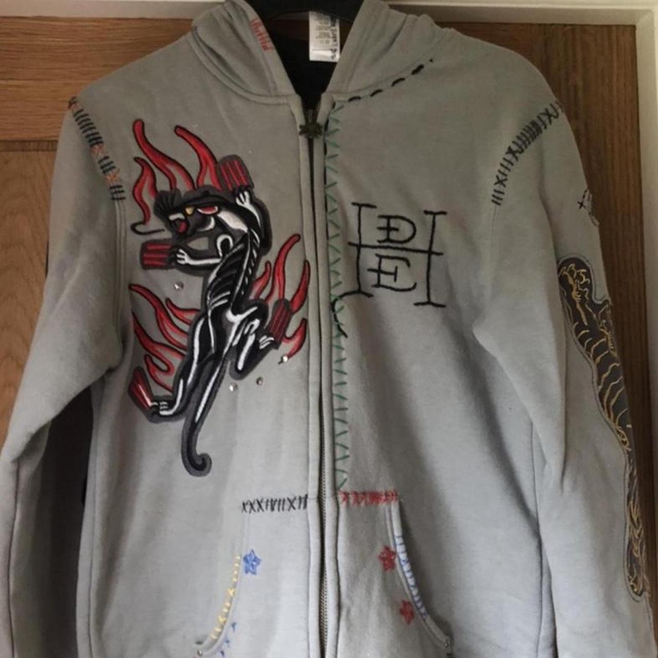 Ed Hardy Women's Grey and Black Hoodie | Depop