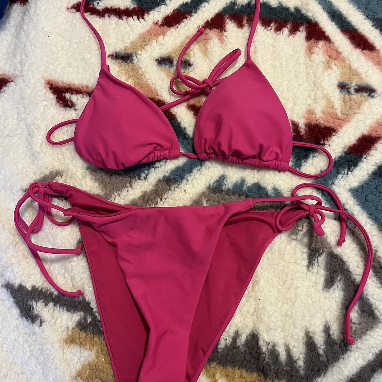hot pink triangle tie bikini never worn- bottoms... - Depop