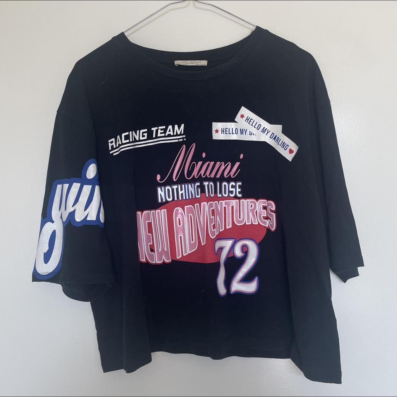 zara boxy fit navy blue racing-themed tee, size... - Depop