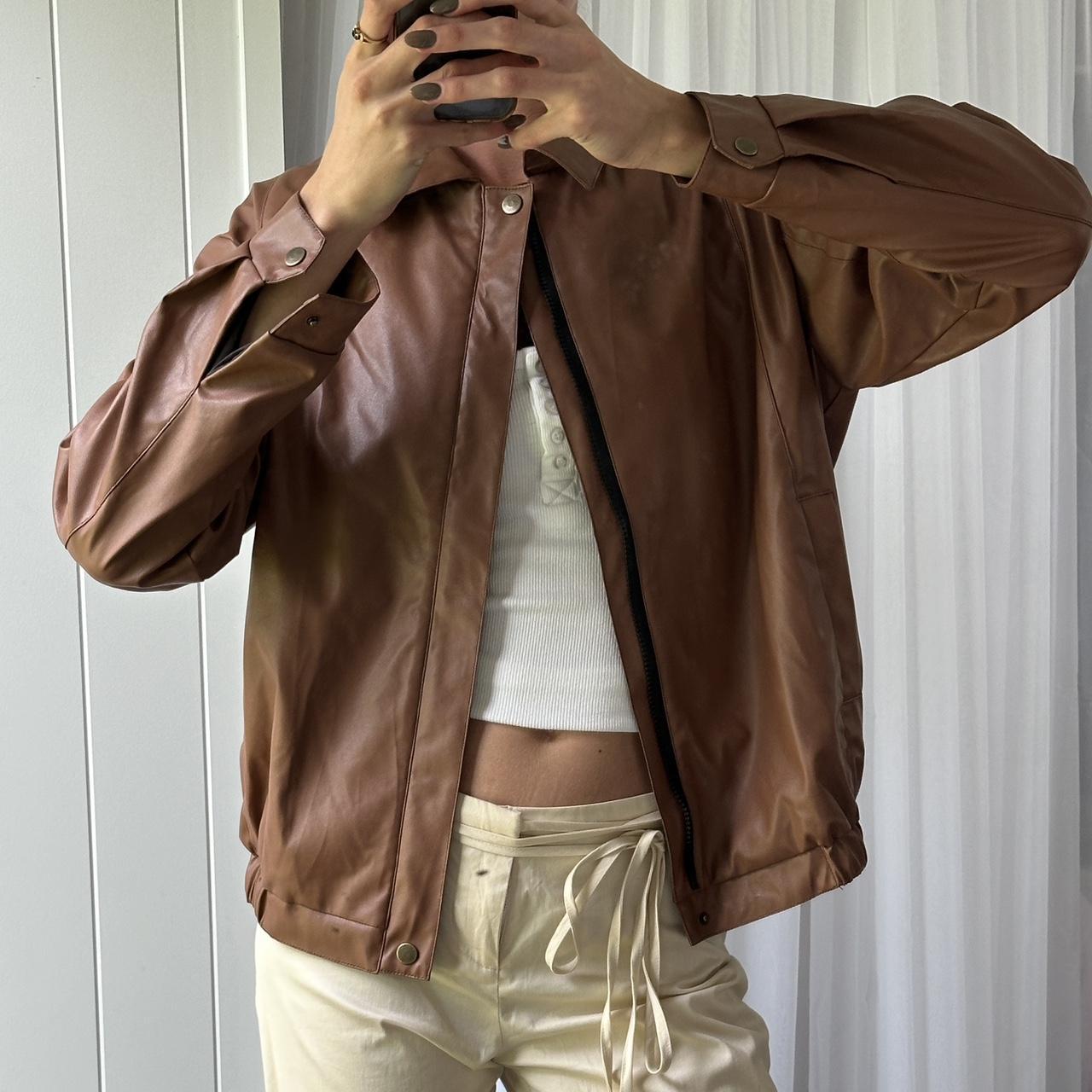 EVERYTHING MUST GO 🤍 Brown faux leather bomber... - Depop