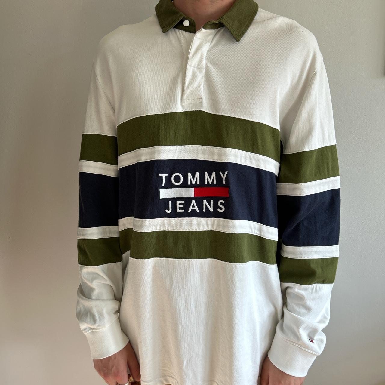 Tommy Jeans rugby shirt in white, green and... - Depop