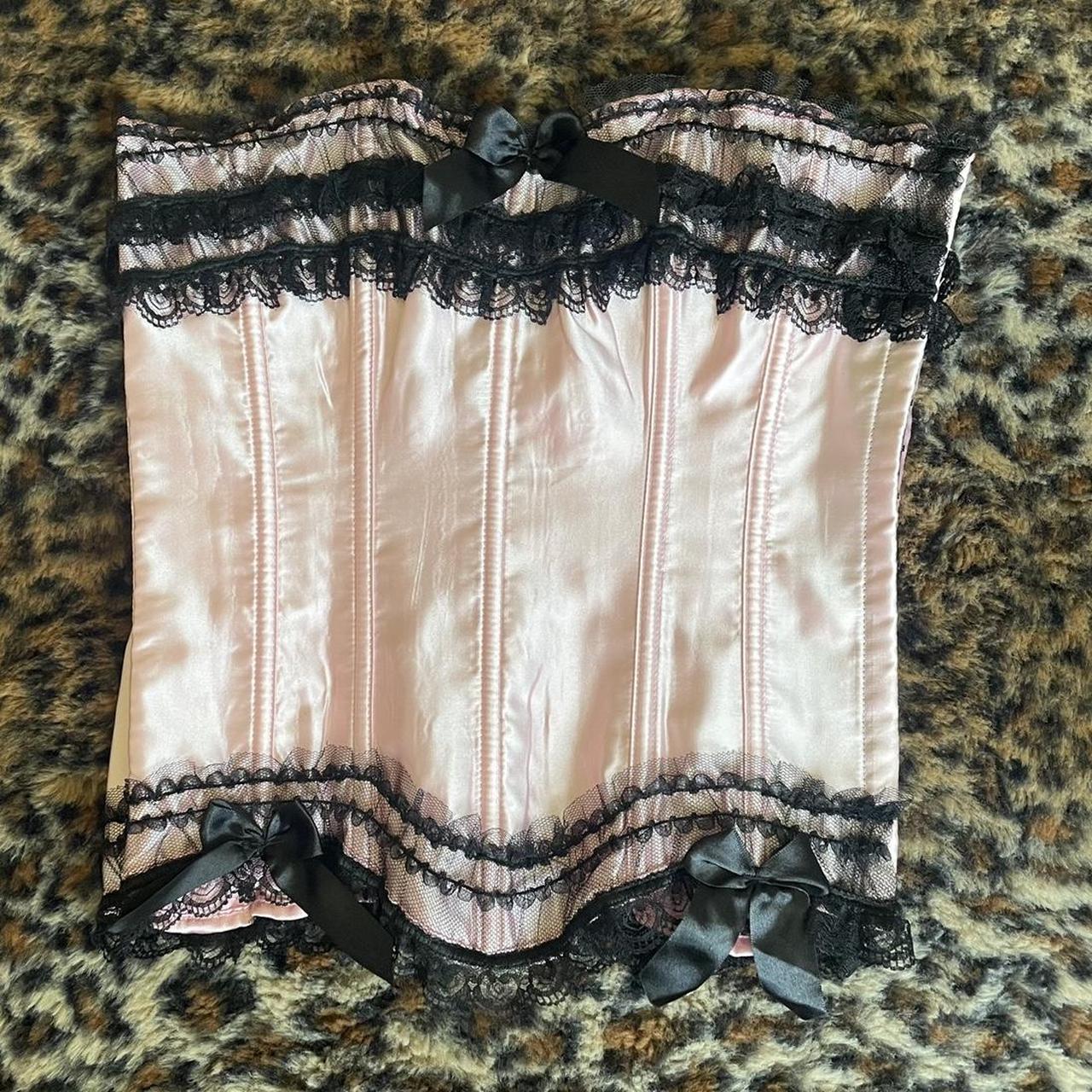 Adore me pink silk satin corset black lace trim bow... - Depop