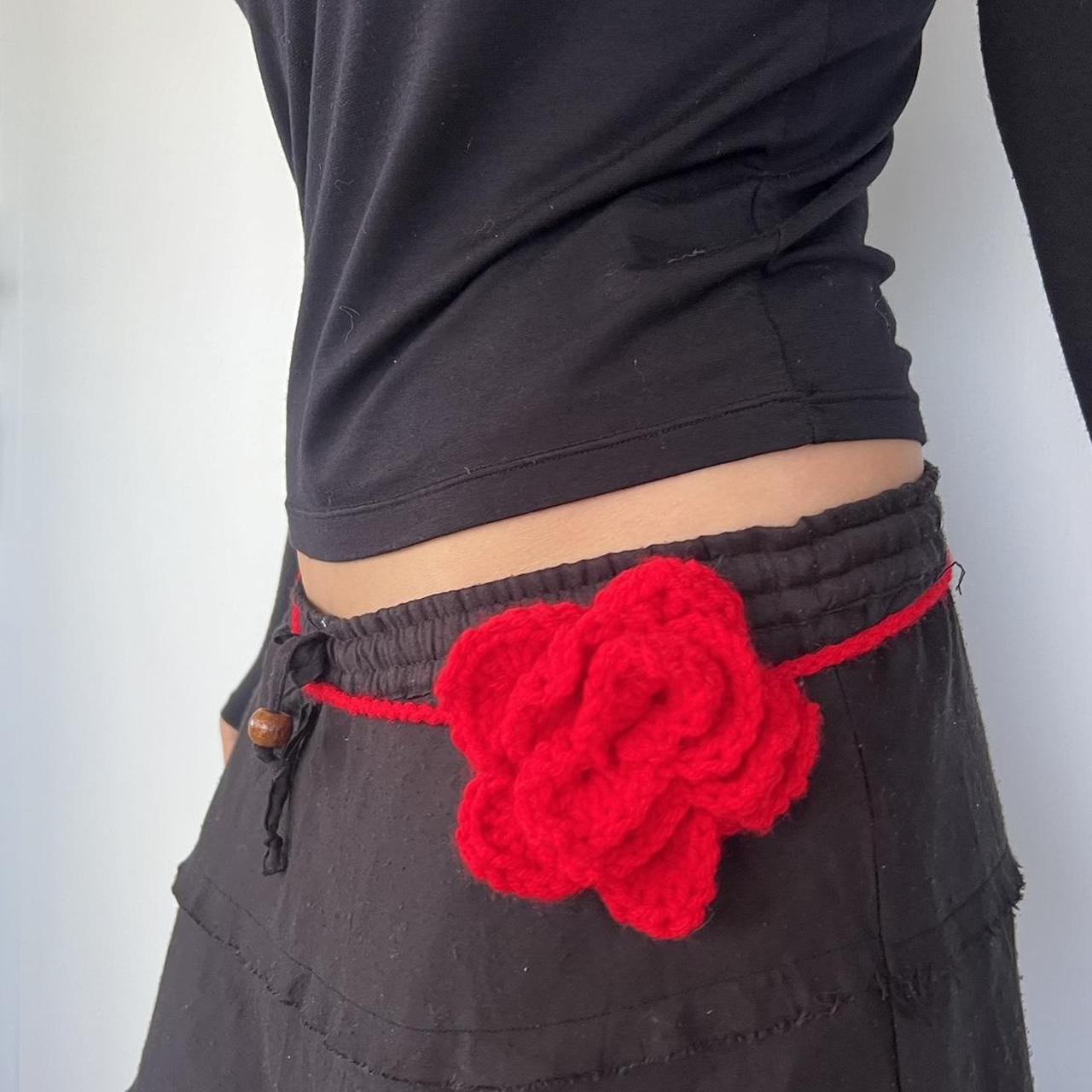 Hand crochet red flower belt perfect for festivals... - Depop