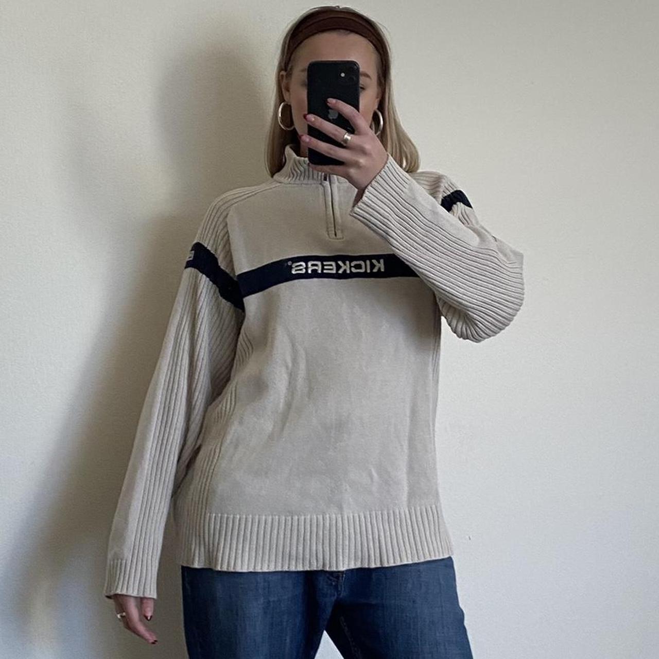 Vintage Kickers navy and cream knitted quarter zip... - Depop
