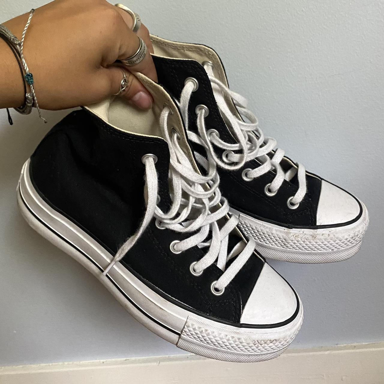 converse black and white platform high top... - Depop