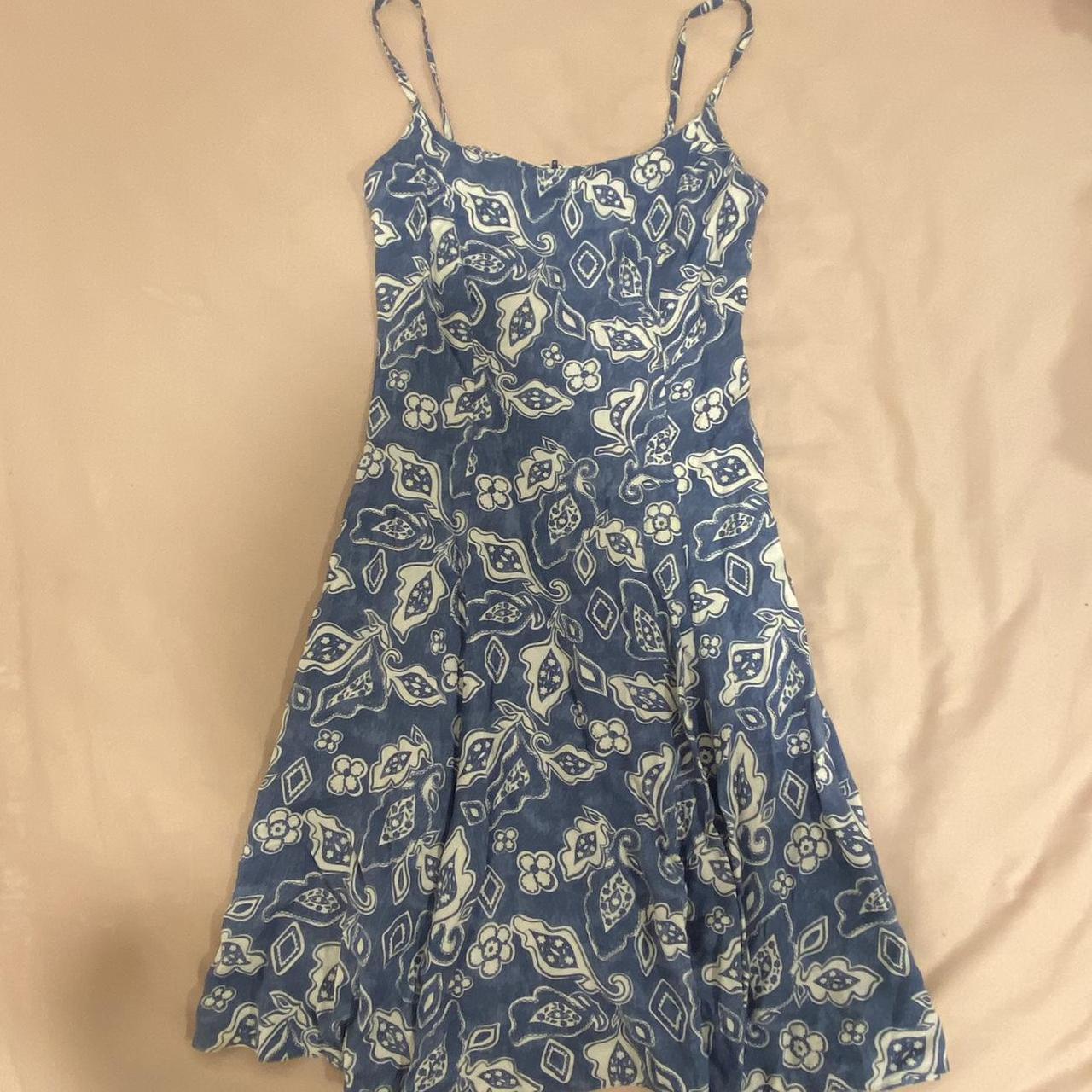 Vintage blue and white floral pattern mini dress,... - Depop