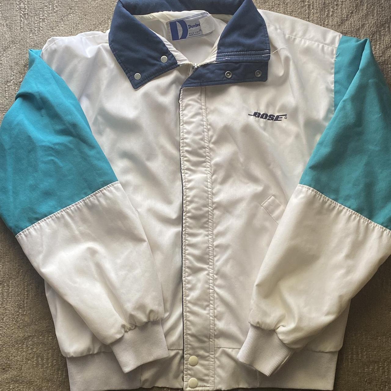 White and blue Bose windbreaker jacket with zipper... - Depop