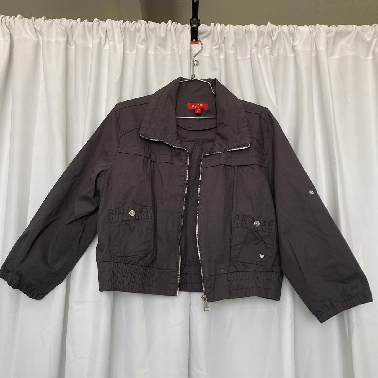 Dark grey cropped Guess jacket. Silver buttons and... - Depop