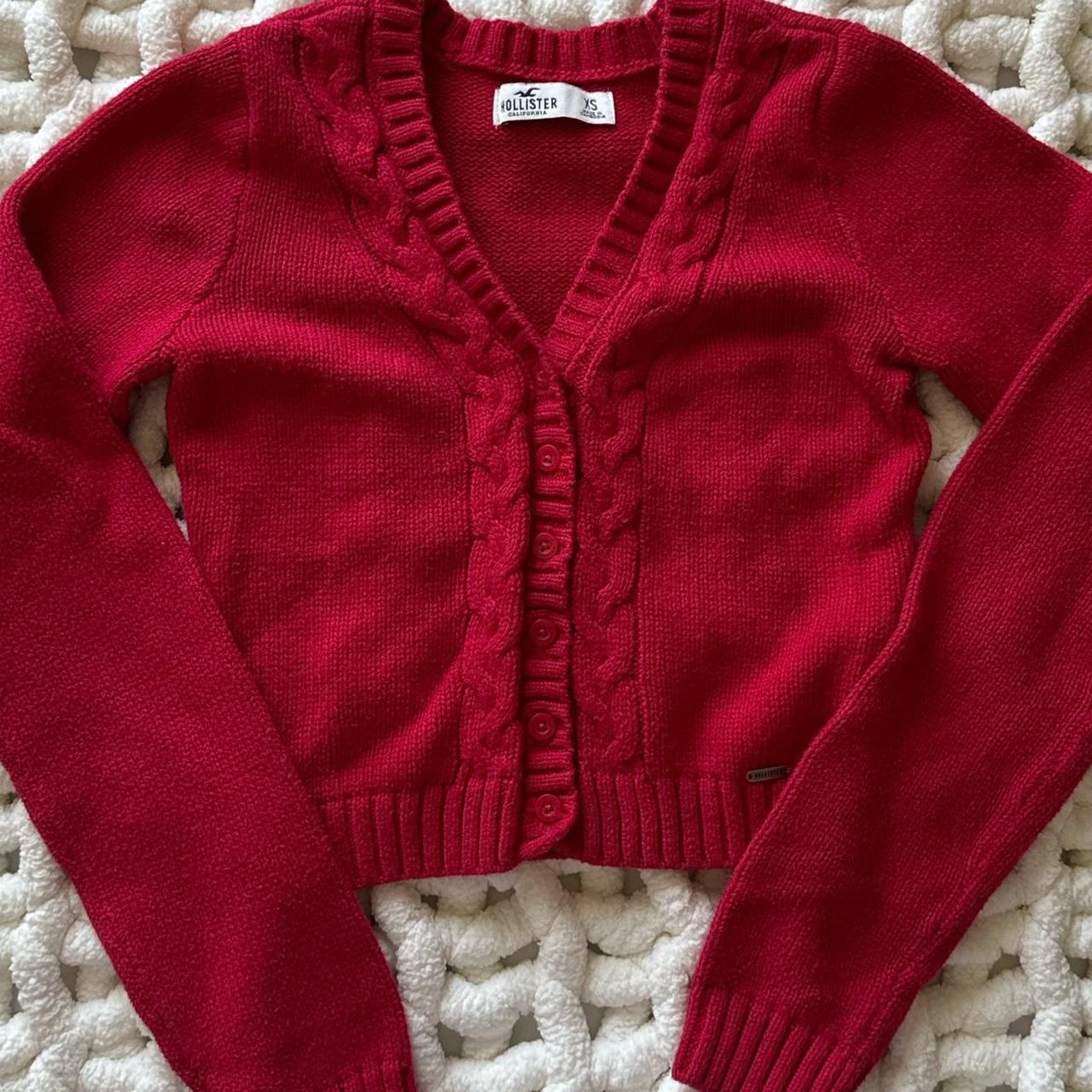 red cable knit detailed button down cardigan / repop... - Depop