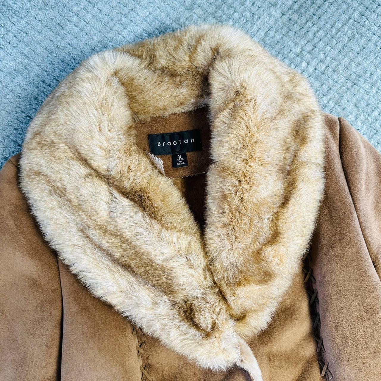 vintage retro Y2K Faux fur suede camel coat fuzzy... - Depop