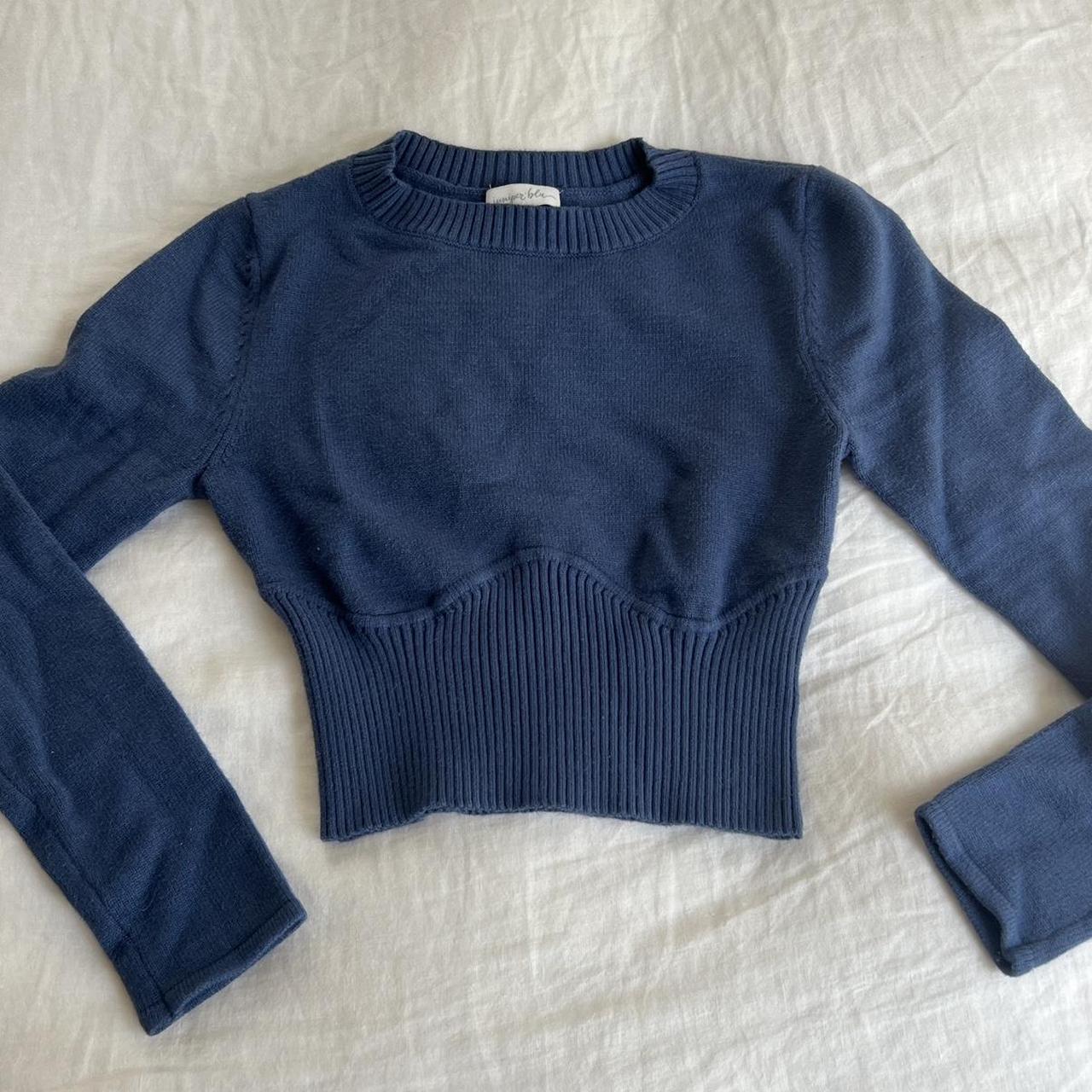 Cropped Blue Sweater - Cinched Ribbed Waist Size:... - Depop