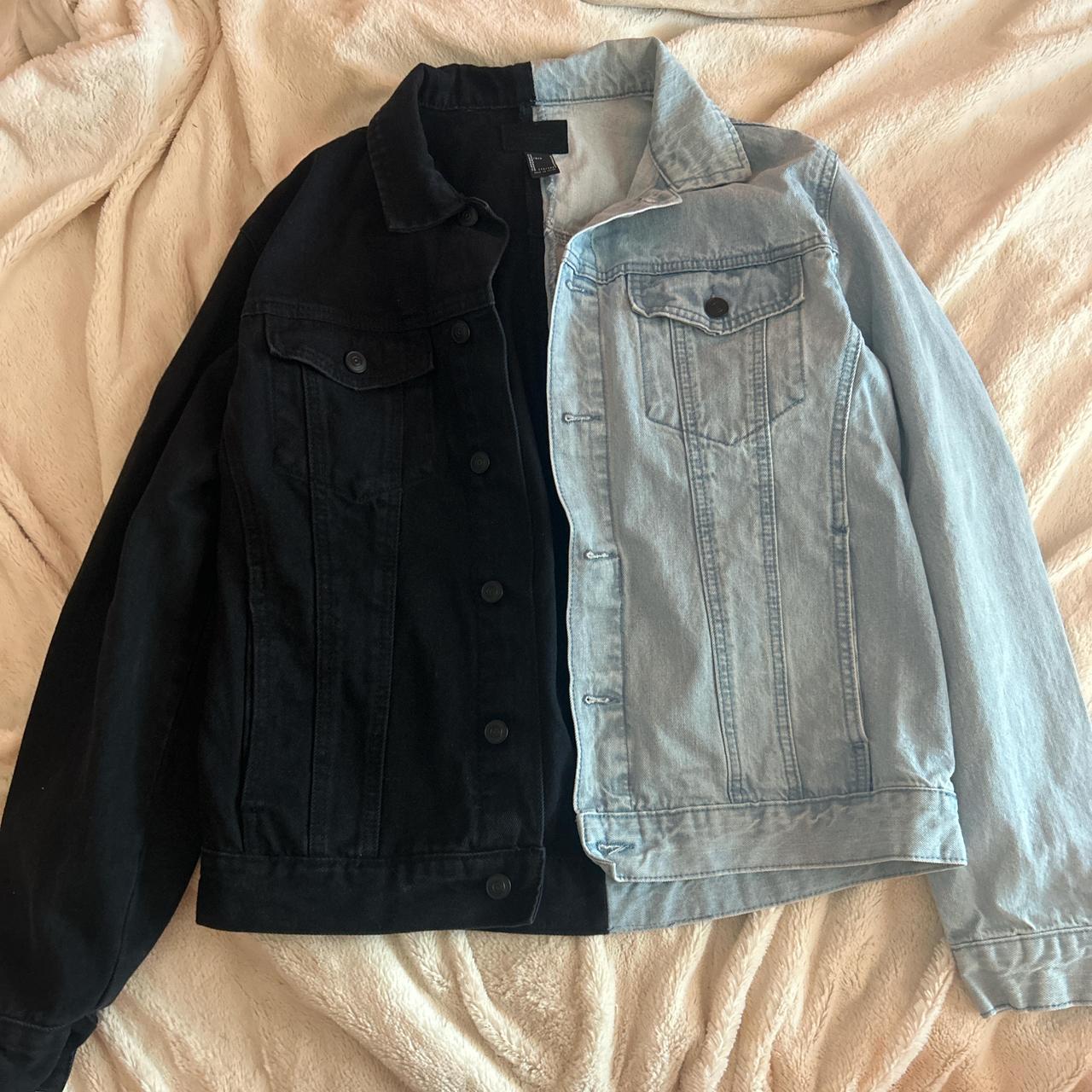forever 21 half black denim half denim jacket, size... - Depop