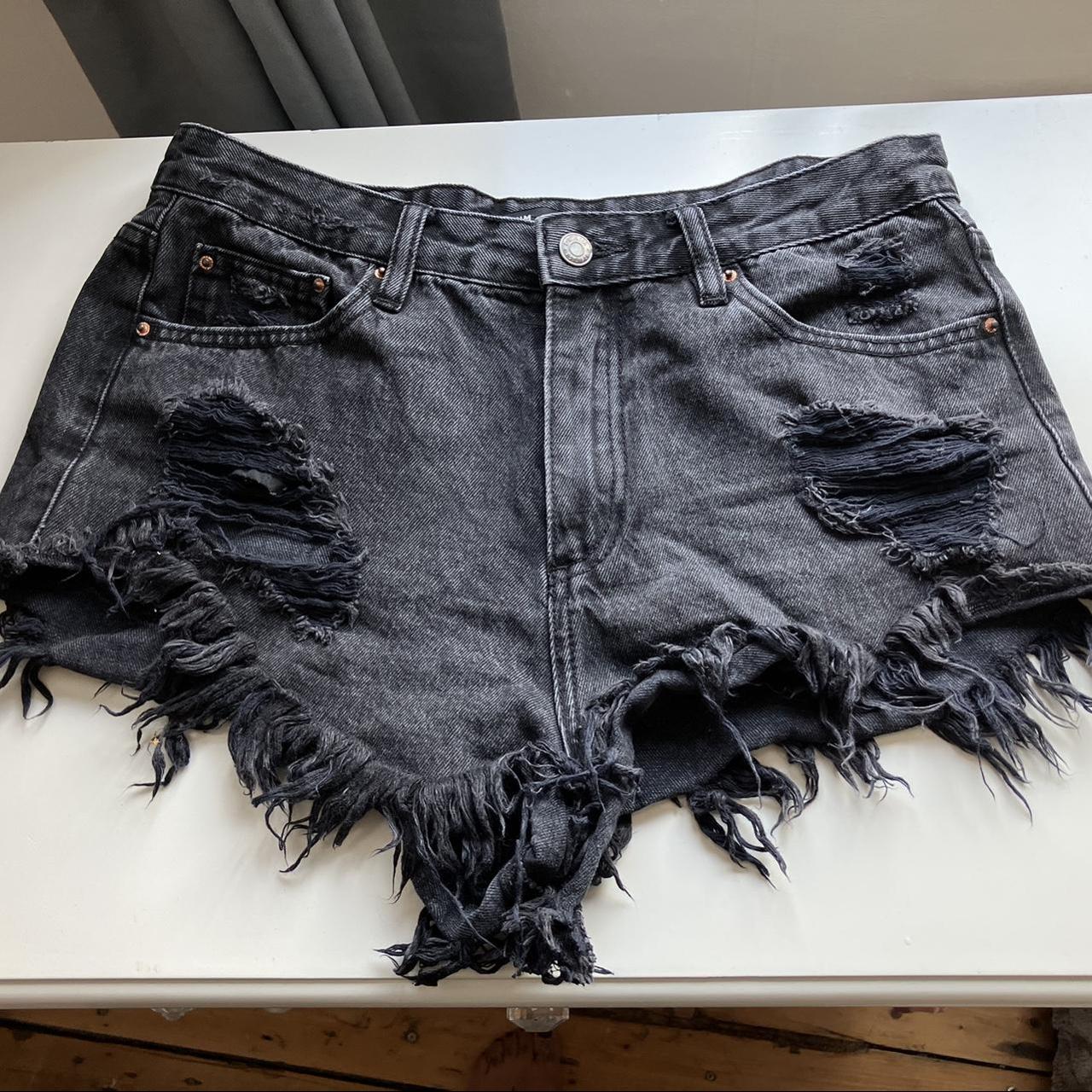 Vintage jeans shorts washed black denim ripped style... - Depop