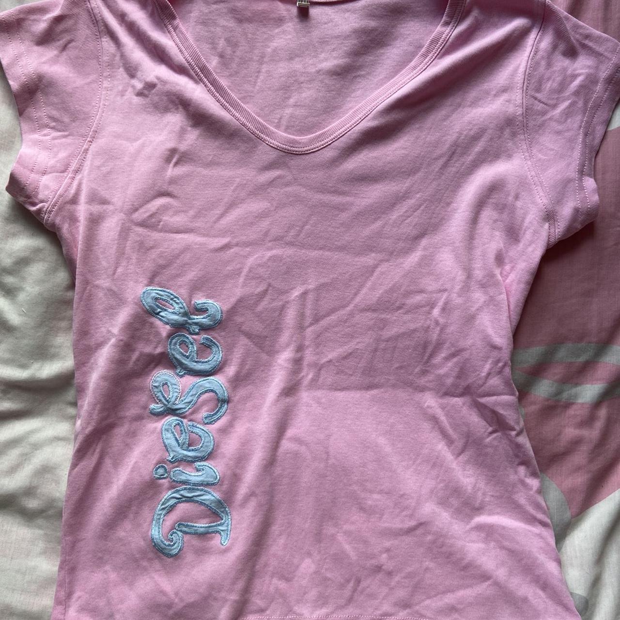 vintage diesel pink and blue tshirt with spellout,... - Depop