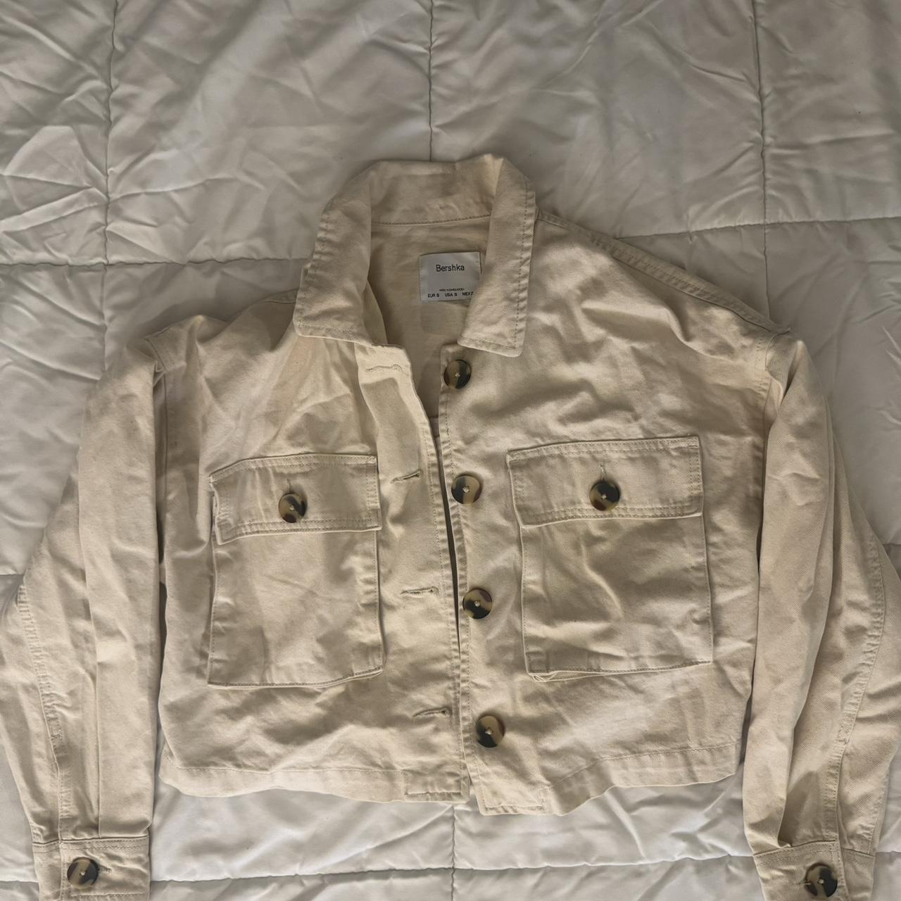 Cream colored crop jacket ( thicker jean material... - Depop