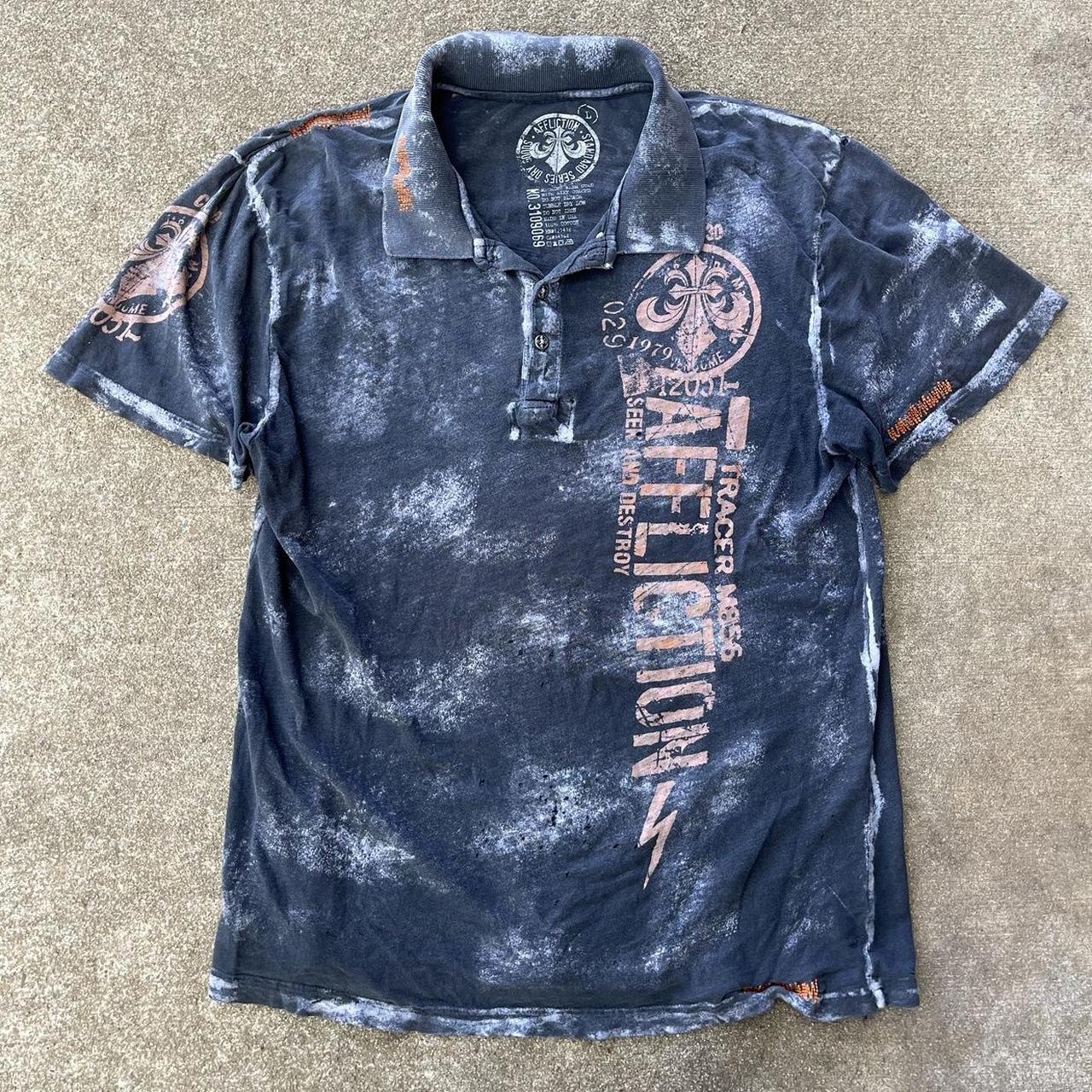 Vintage y2k Affliction Distressed Black Polo Shirt... - Depop