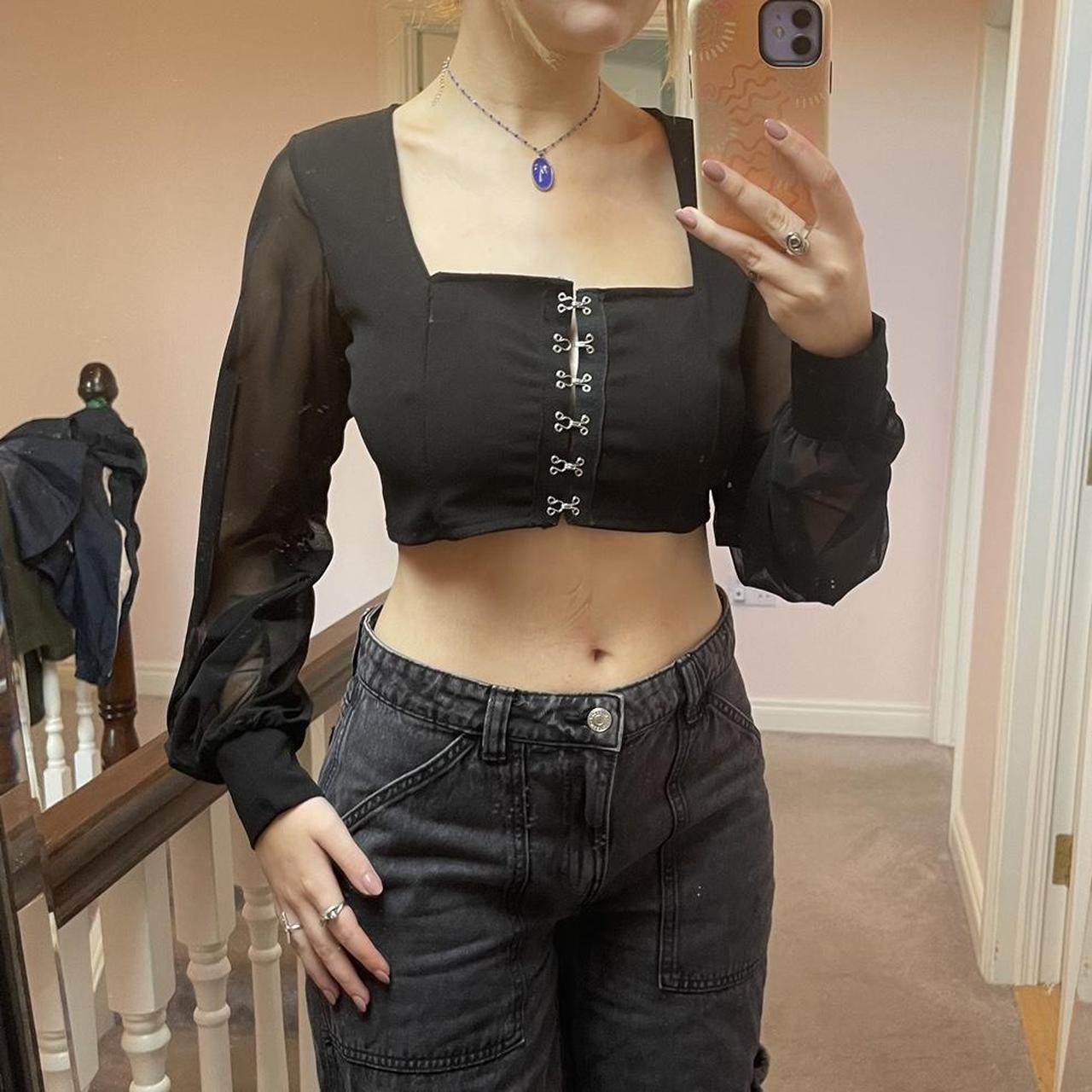 Black square neck crop top with long mesh sleeves... - Depop