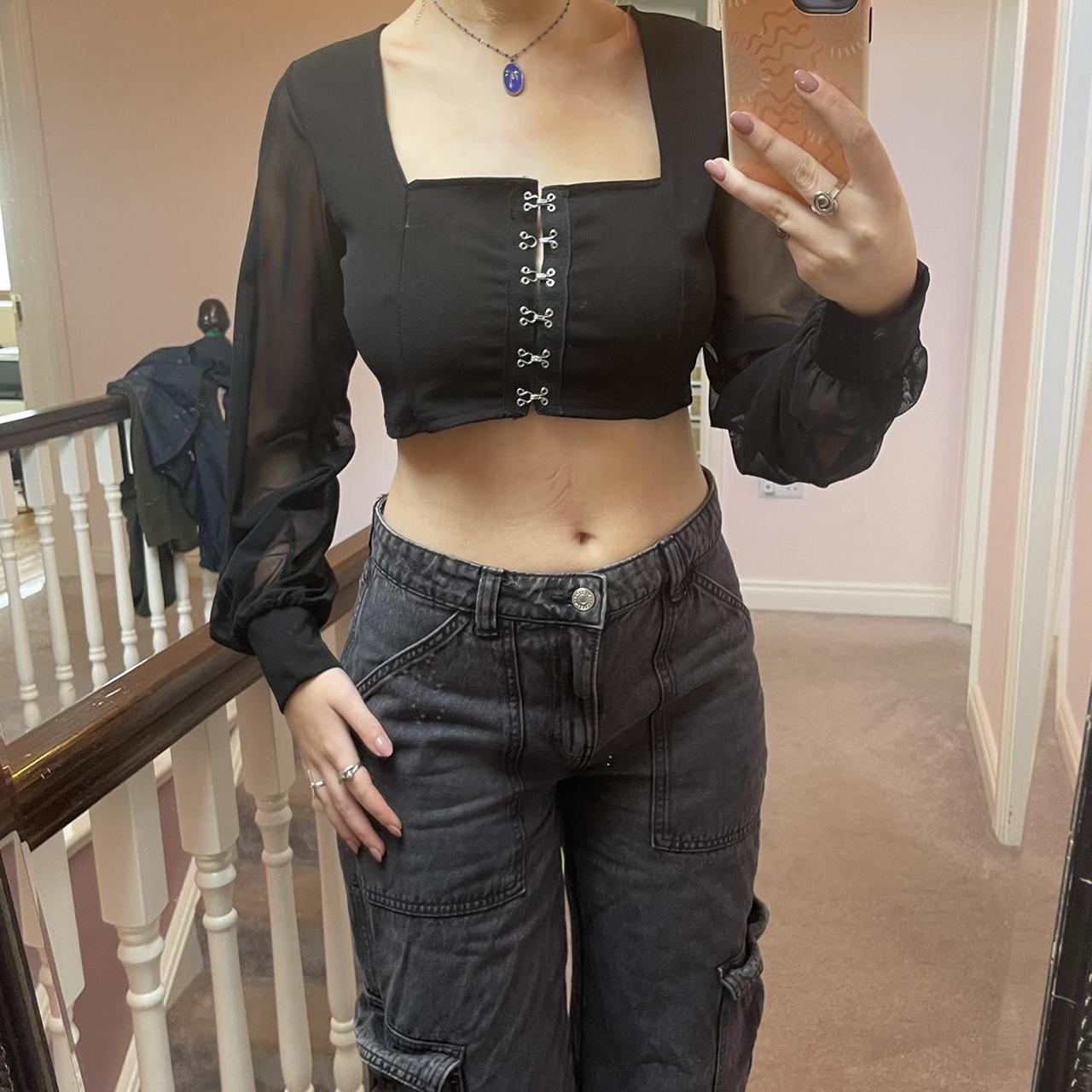 Black square neck crop top with long mesh sleeves... - Depop