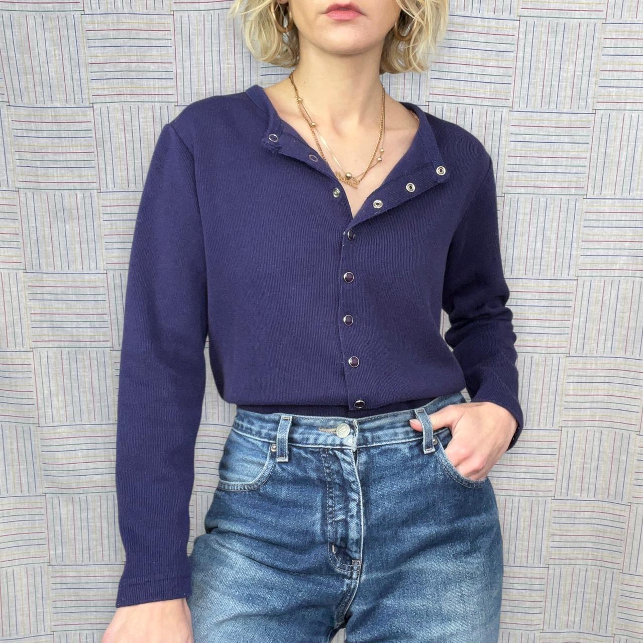 Vintage 90s cardigan Vintage boxy navy blue pearl... - Depop