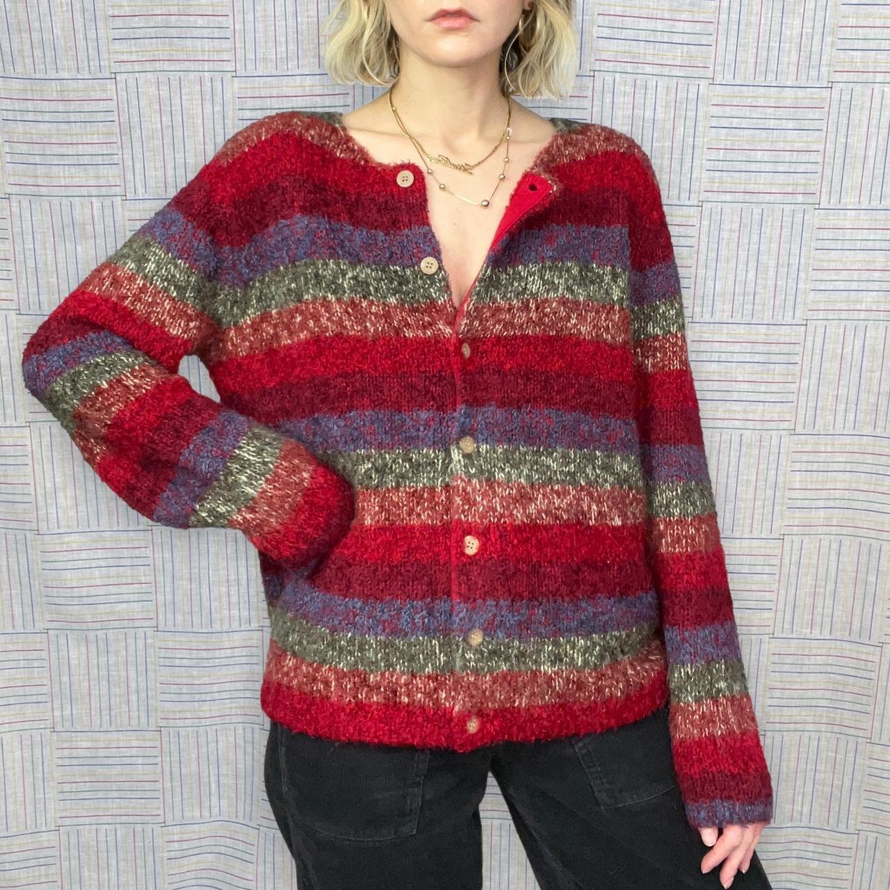 Striped grunge cardigan sweater Y2k fuzzy mohair... - Depop