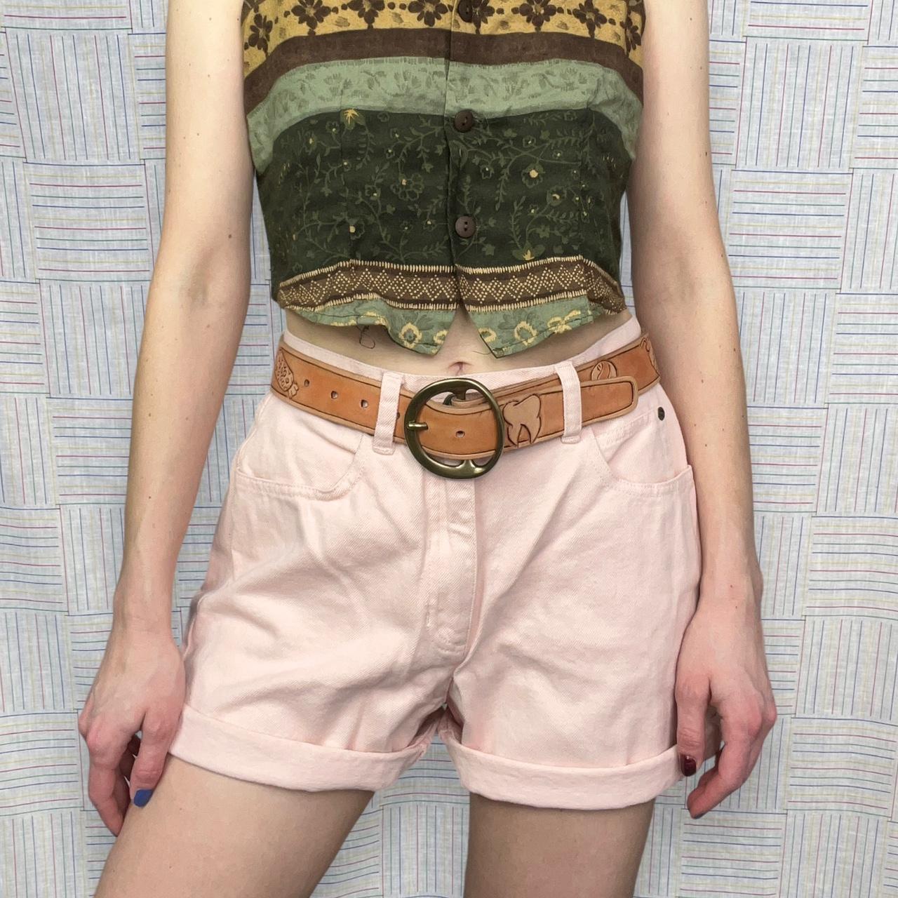 Cottage core jorts Vintage 90s pastel pink high... | Depop