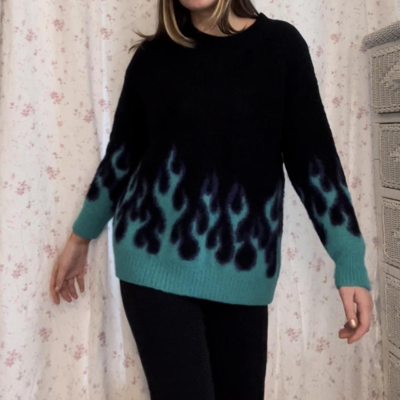 OVERSIZED BLACK AND BLUE FLAME SWEATER Super thick... - Depop