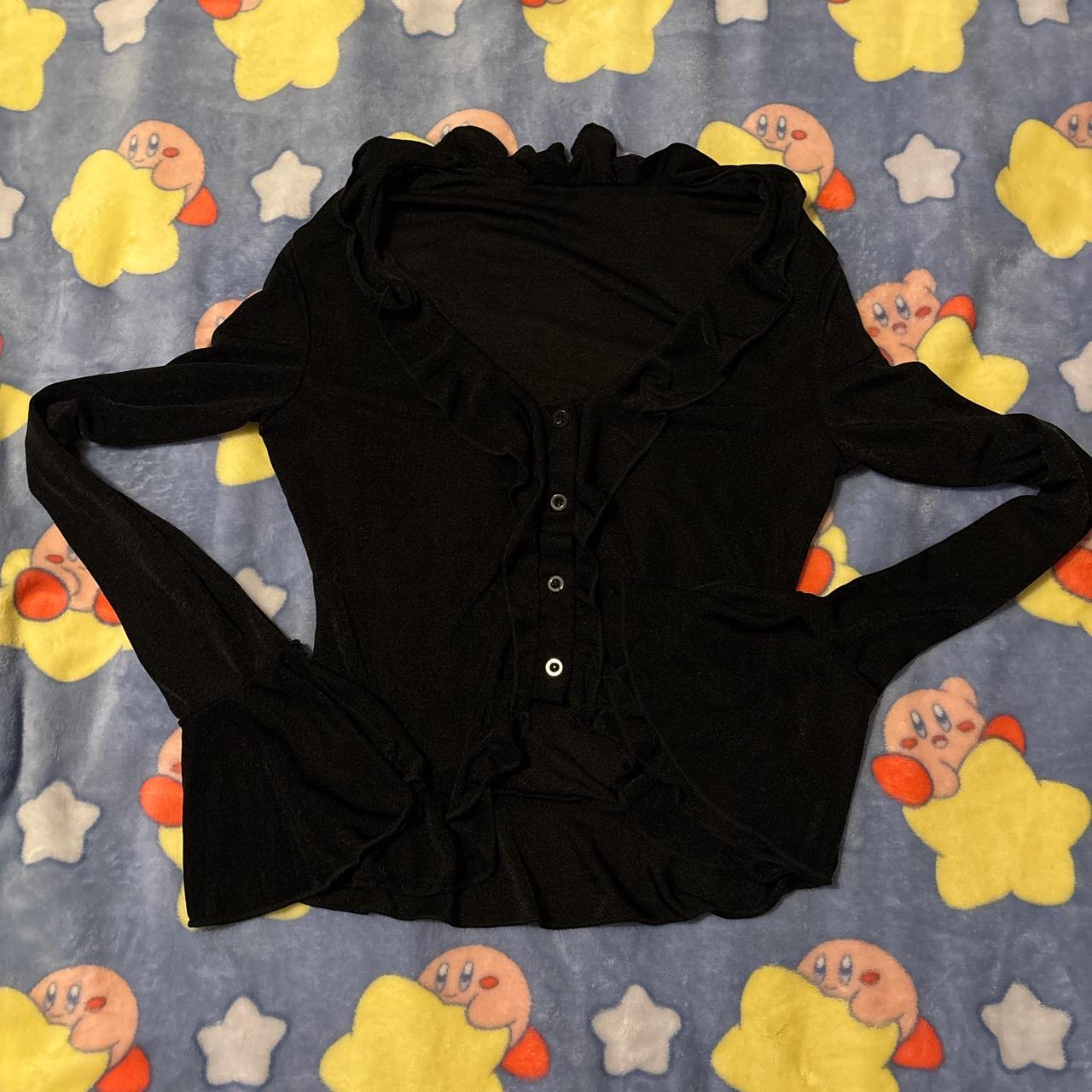black frilly button up blouse with flared/bell... | Depop